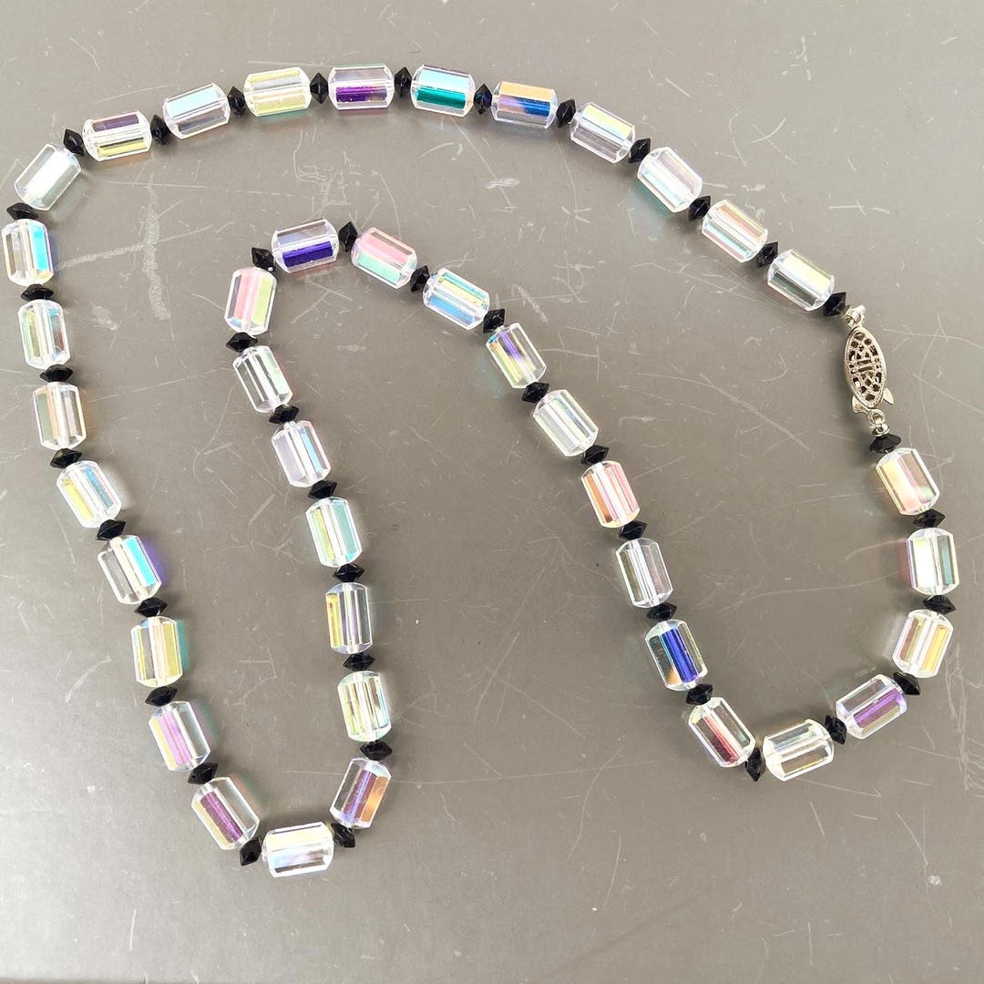 Victorian Aurora Borealis Crystal Necklace, Rectangular Faceted Beads ...
