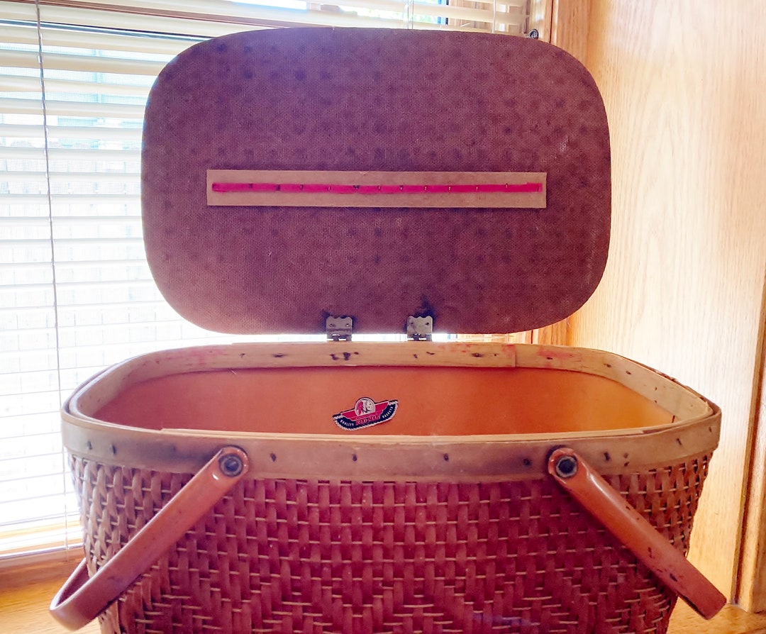 Retro Red Man Labeled Wicker Woven Picnic Basket 1950's, Silverware ...