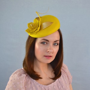 Lemon Yellow Felt Pillbox Hat With Flower and Quill - Yellow Cocktail ...