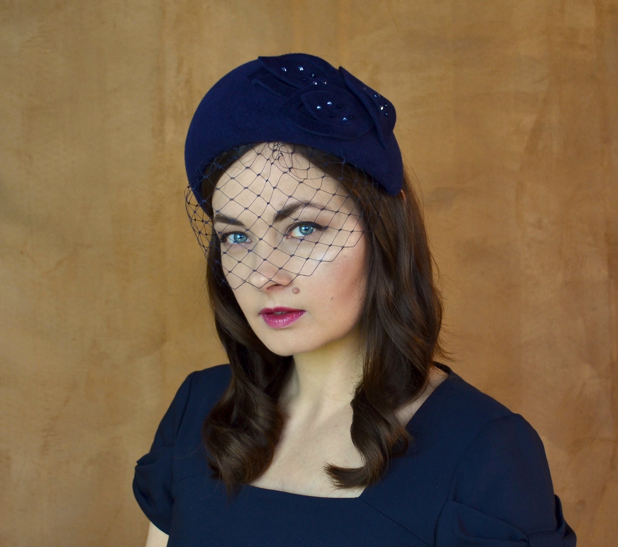 Navy Blue Velour Felt Headband With Removable Birdcage Veil | Etsy