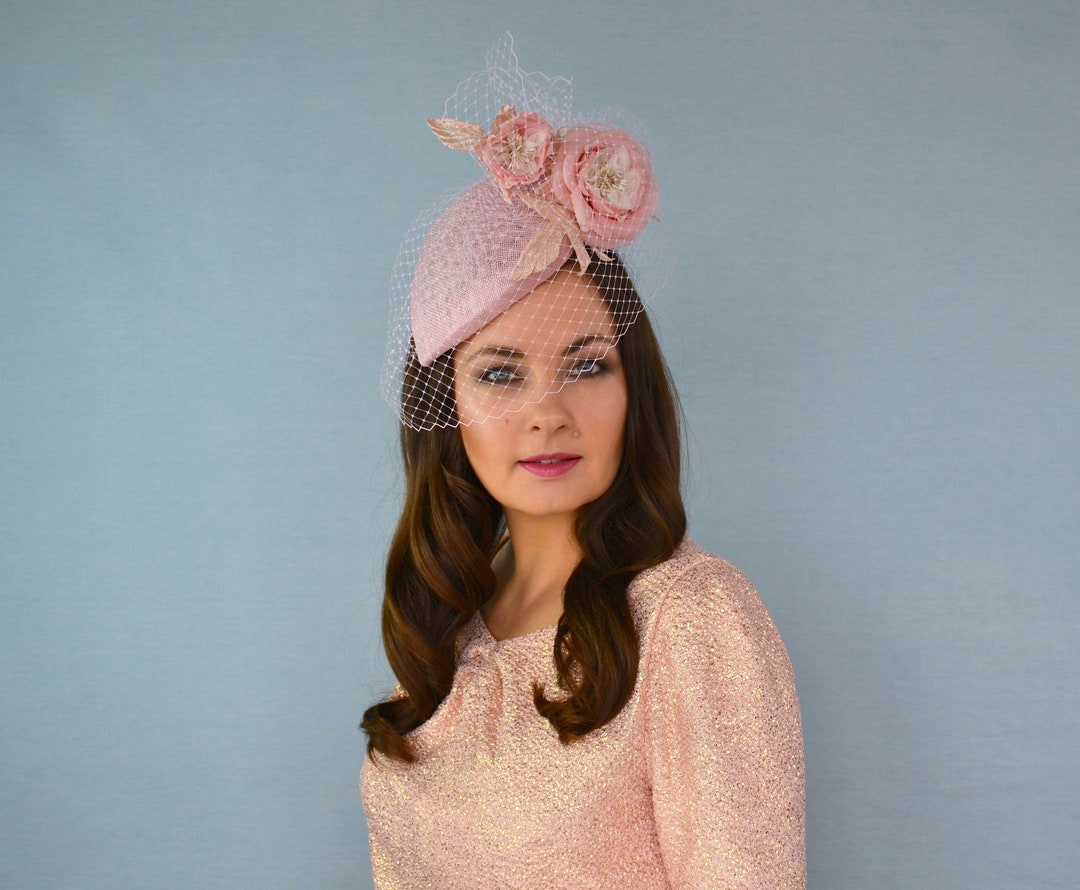 Light Pink Pillbox Hat With Birdcage Veil and Silk Flowers - Pink ...