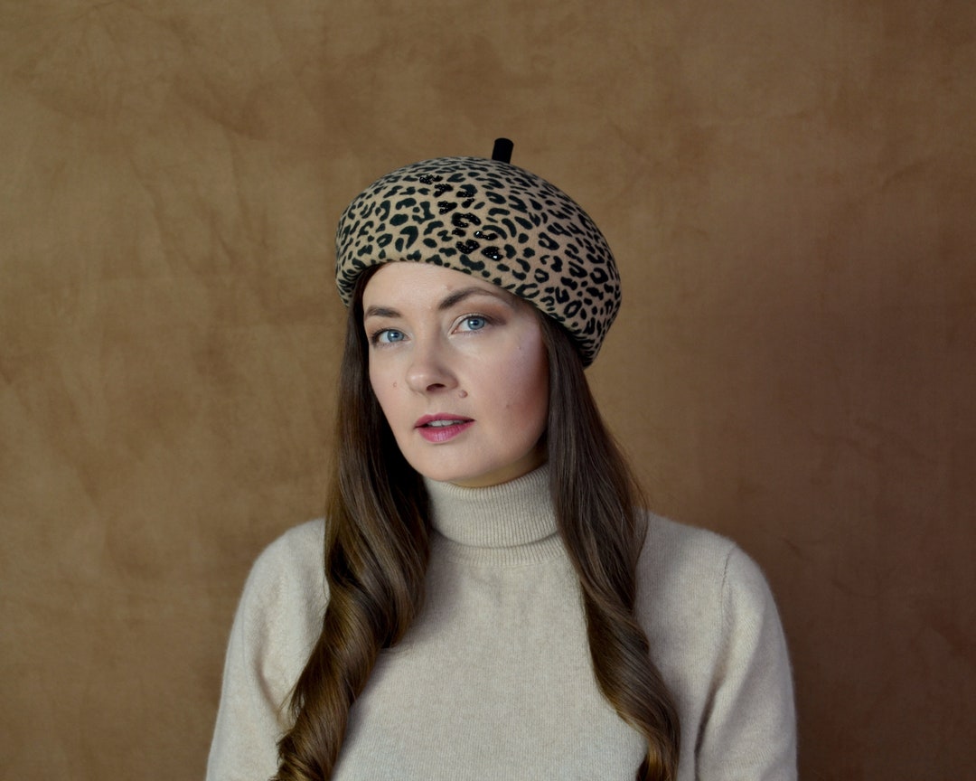 Leopard Print Beret Hat With Swarovski Beads - Beret - Beret Hat - Wool ...