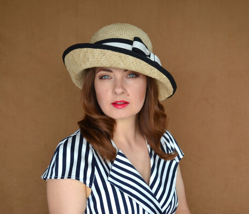 Elegant Summer Straw Hat With Black and Ivory Ribbon Summer | Etsy