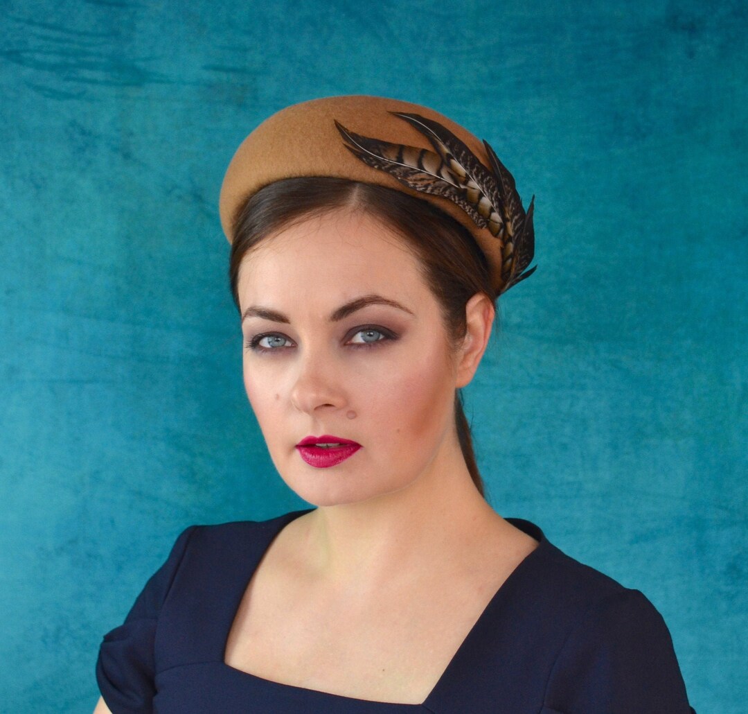 Camel Pillbox Hat With Feathers - Camel Brown Fascinator - Brown ...