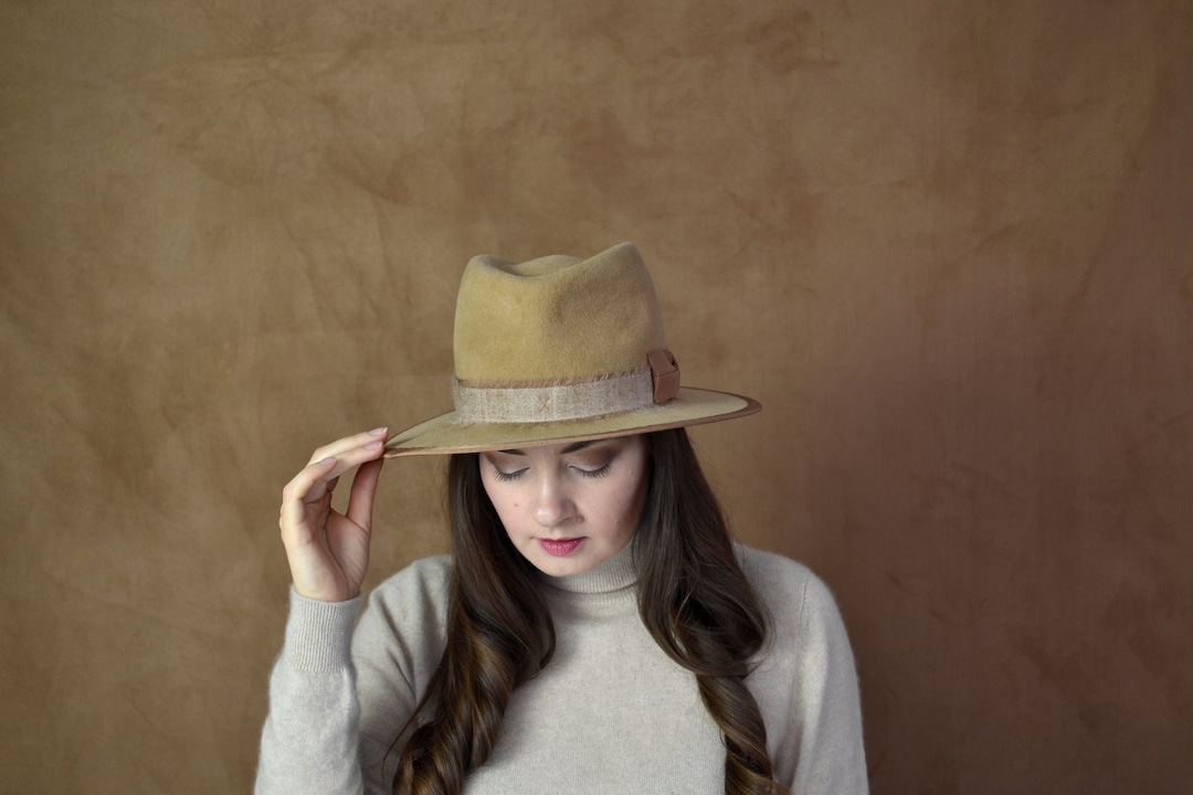 Camel Felt Fedora Hat With Two Tone Ribbons - Women's Fedora Hat ...