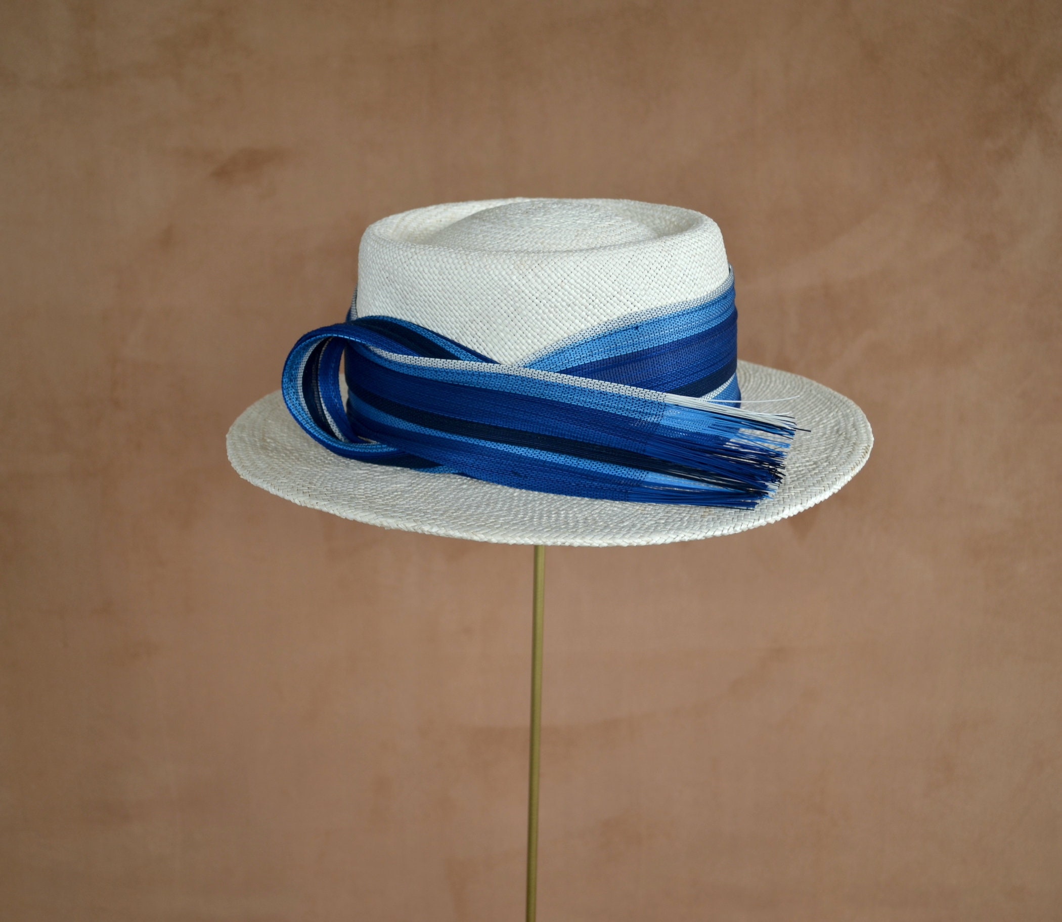 Panama Straw Boater Hat With Blue Striped Ribbon - Straw Boater Hat ...