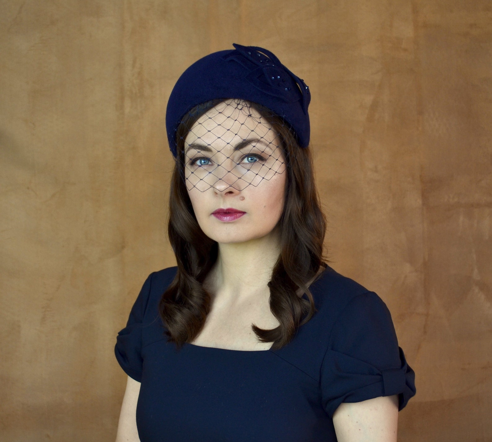 Navy Blue Velour Felt Headband With Removable Birdcage Veil | Etsy