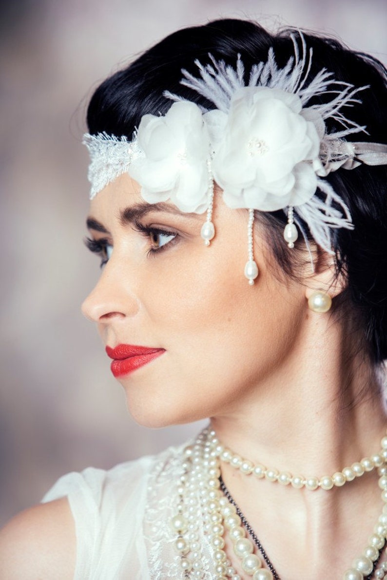 Bridal Flapper Lace and Flower Headband Art Deco Wedding | Etsy