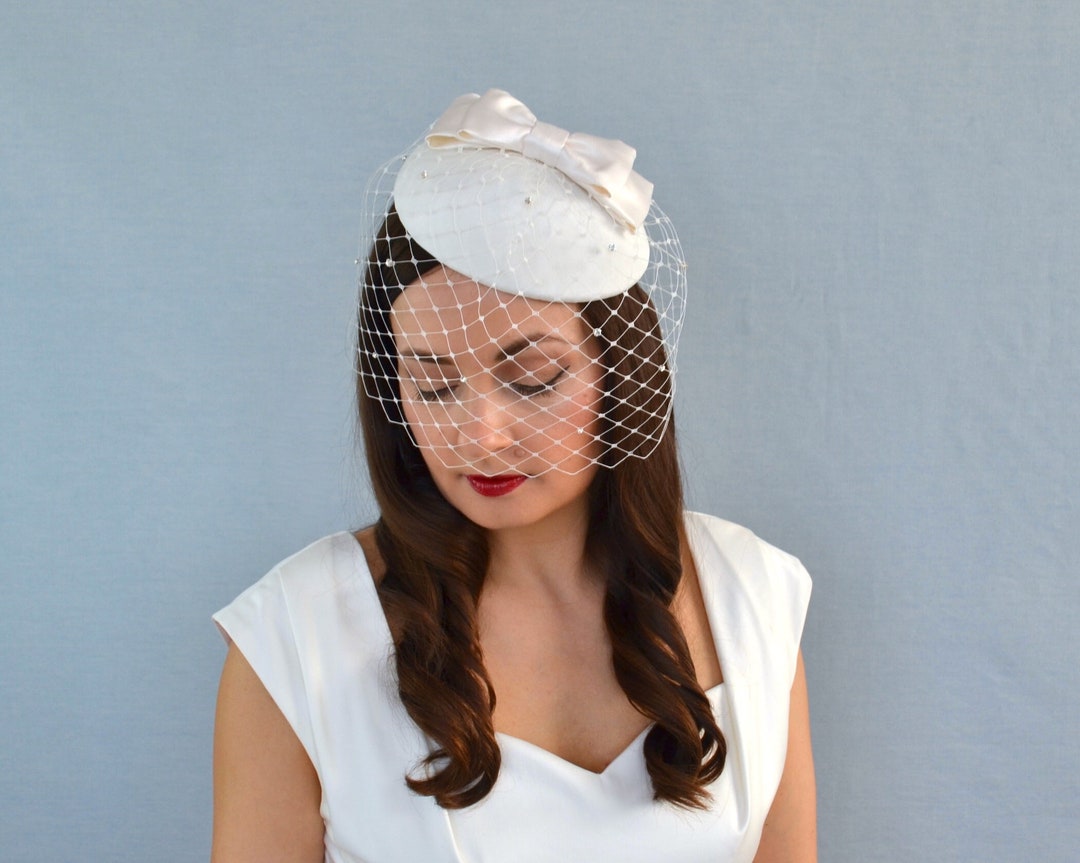 BREA - Silk Bridal Pillbox Hat With Bow and Birdcage Veil - 50s Wedding ...