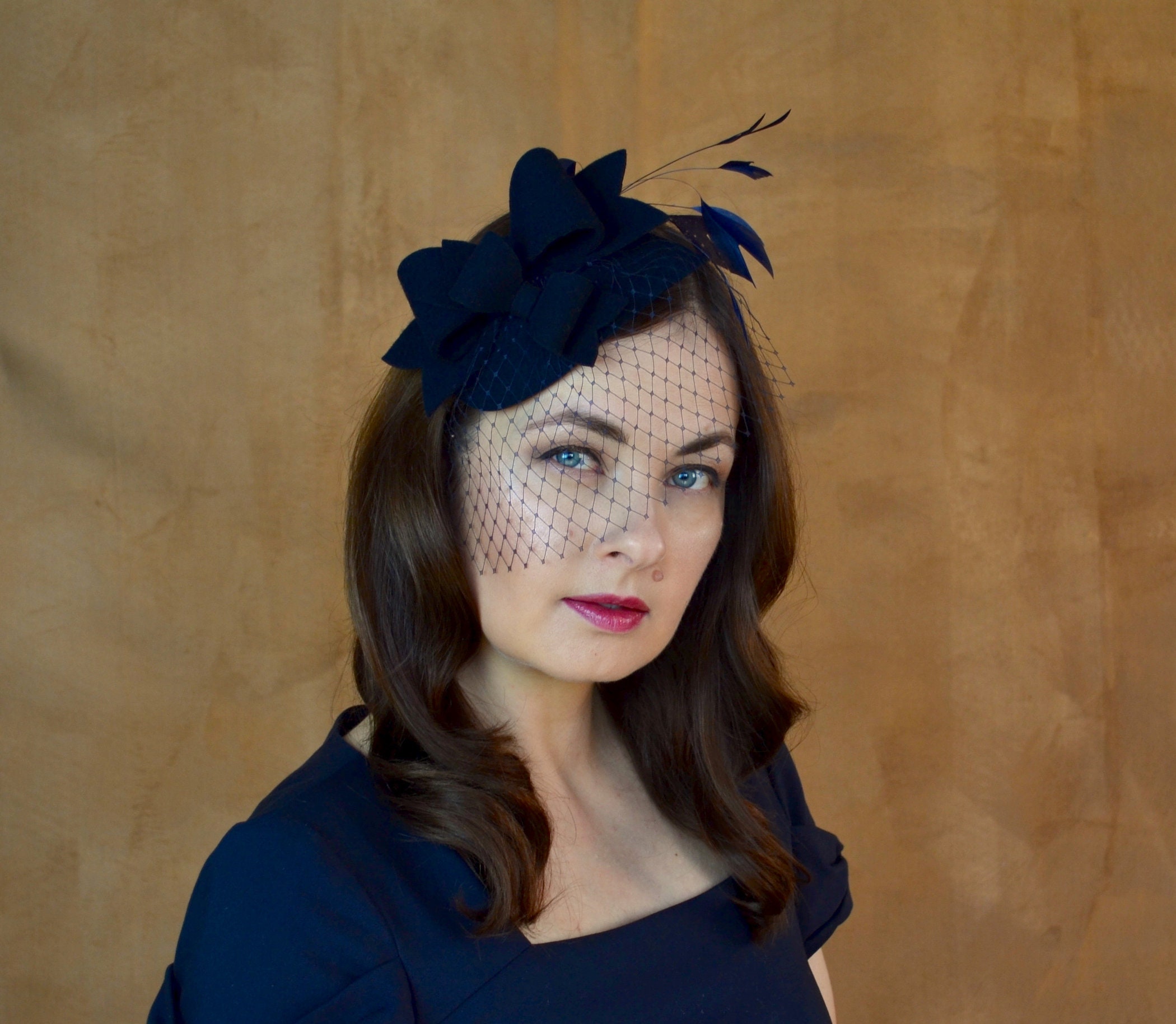 Navy Felt Fascinator with Bows and Birdcage Veil Navy Blue | Etsy