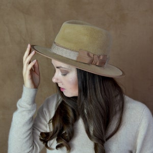 Camel Felt Fedora Hat With Two Tone Ribbons - Women's Fedora Hat ...
