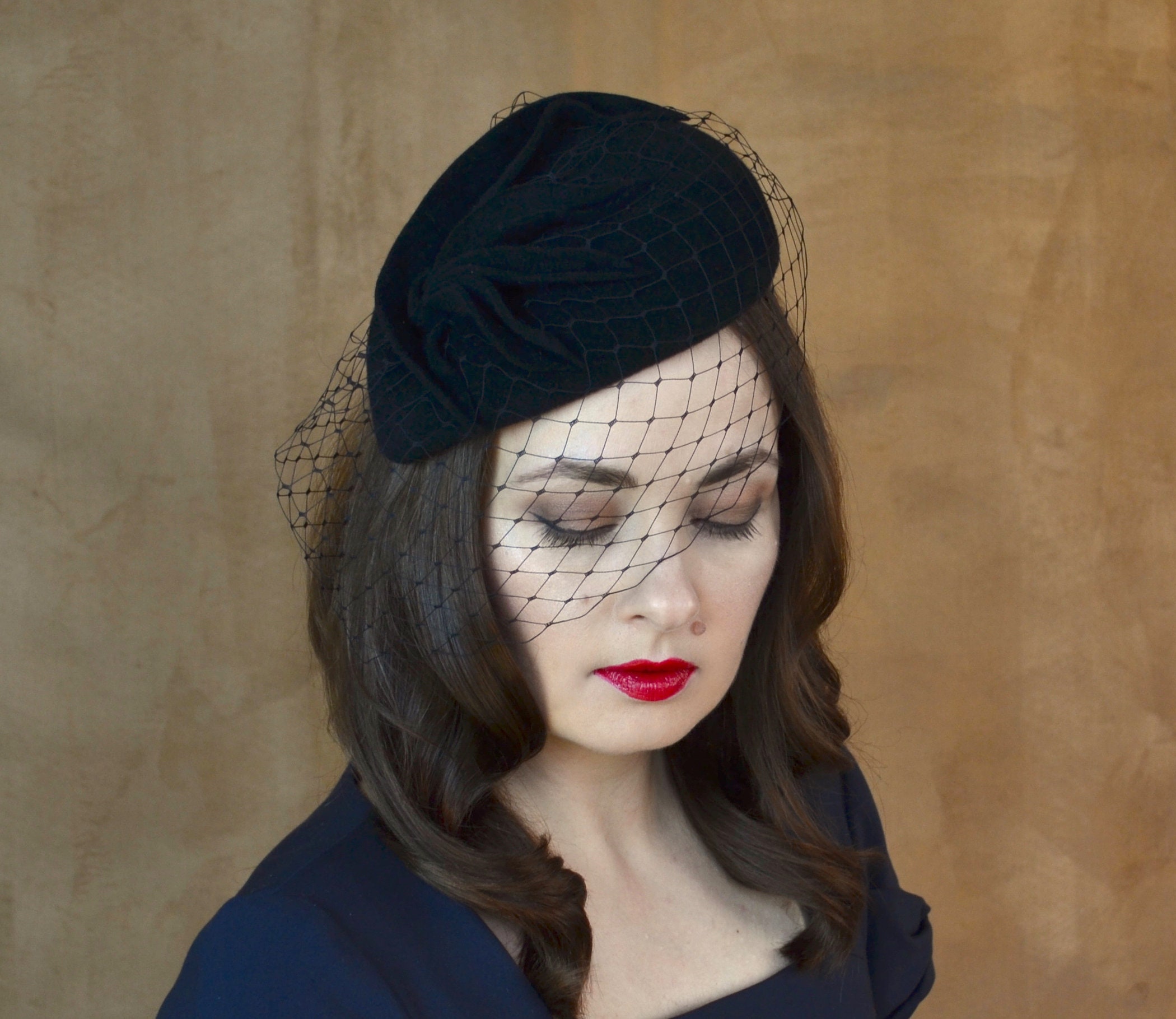 Black Velour Felt Pillbox Hat with Birdcage Veil Black | Etsy