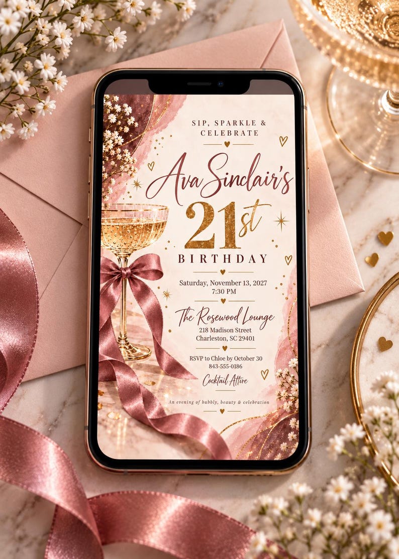 21st Birthday Invitation Template, Rose Gold Champagne Party, Pink Bow ...