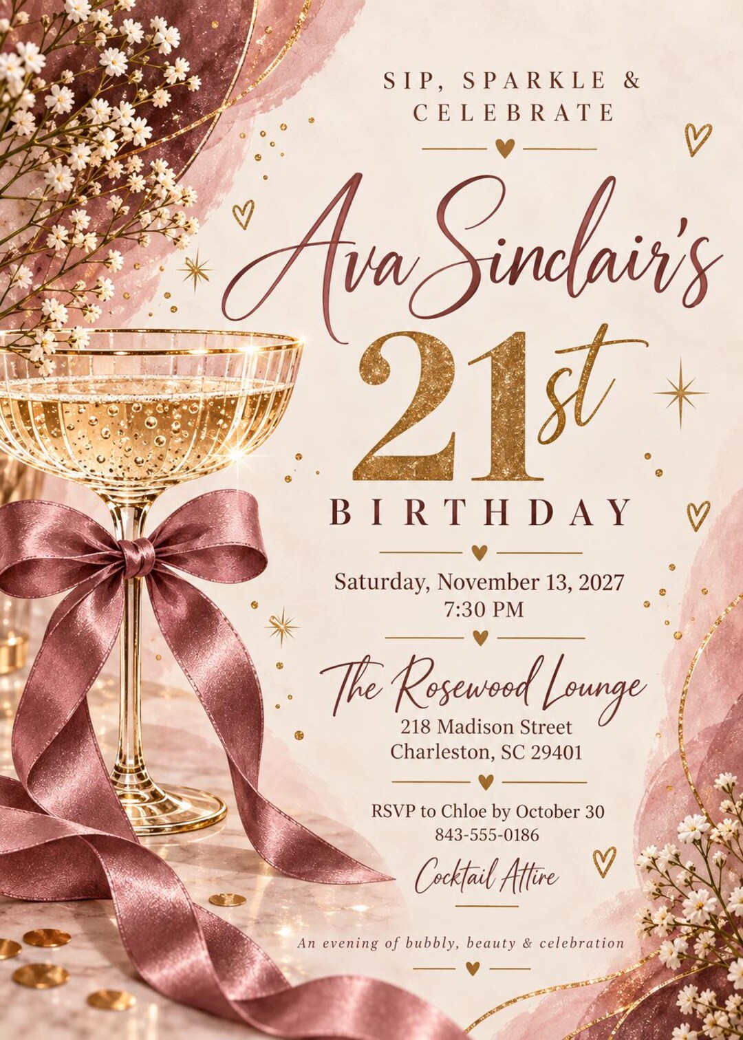 21st Birthday Invitation Template, Rose Gold Champagne Party, Pink Bow ...