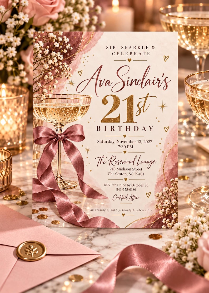 21st Birthday Invitation Template, Rose Gold Champagne Party, Pink Bow ...