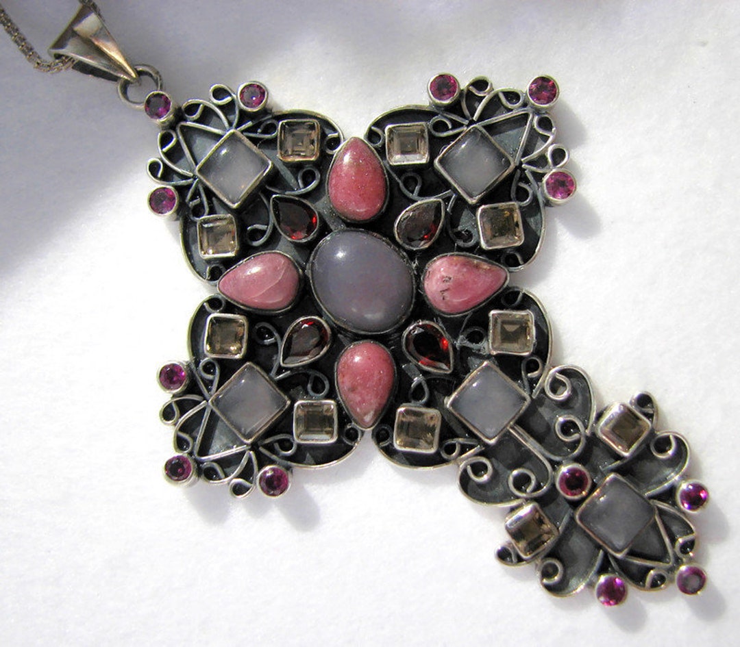Vintage NICKY BUTLER Gemstone Cross -- Rhodolite, Garnet, Chalcedony ...