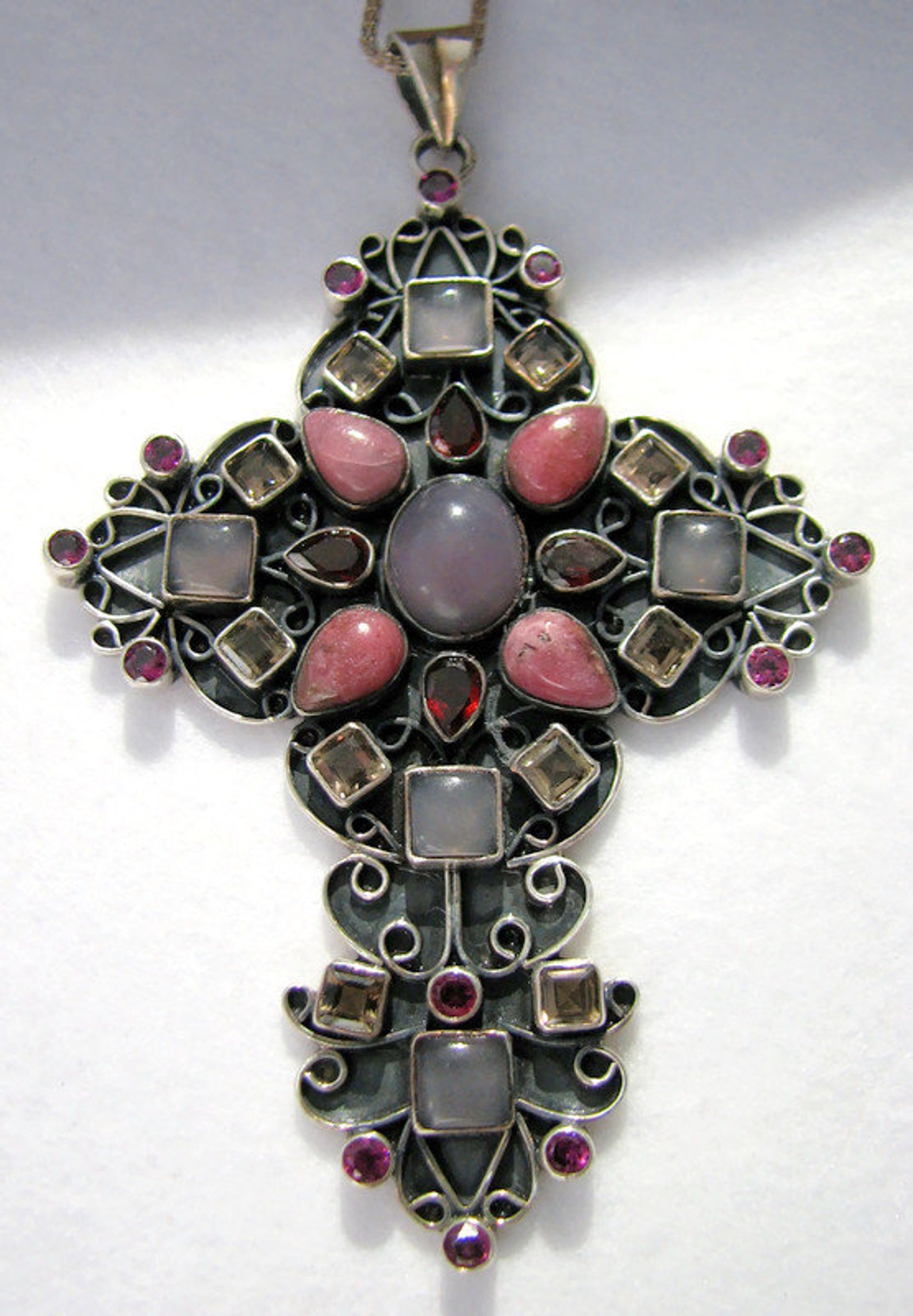Vintage NICKY BUTLER Gemstone Cross -- Rhodolite, Garnet, Chalcedony ...