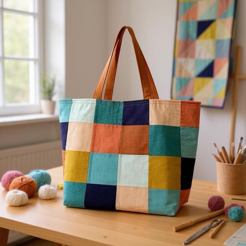 Color Block Patchwork Tote Bag – 17.5x10.5 Inches With Bee Print Lining ...