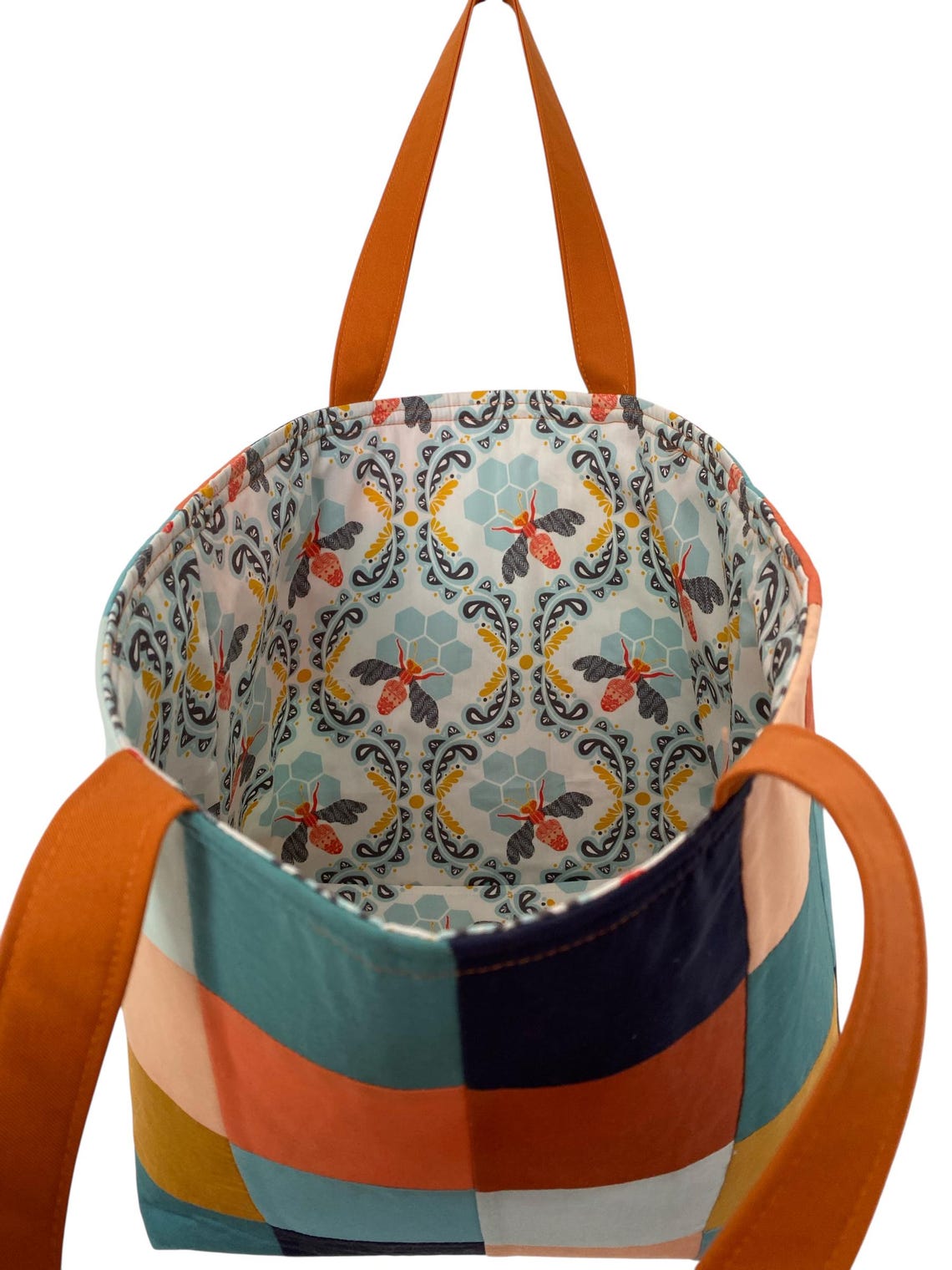 Color Block Patchwork Tote Bag – 17.5x10.5 Inches With Bee Print Lining ...