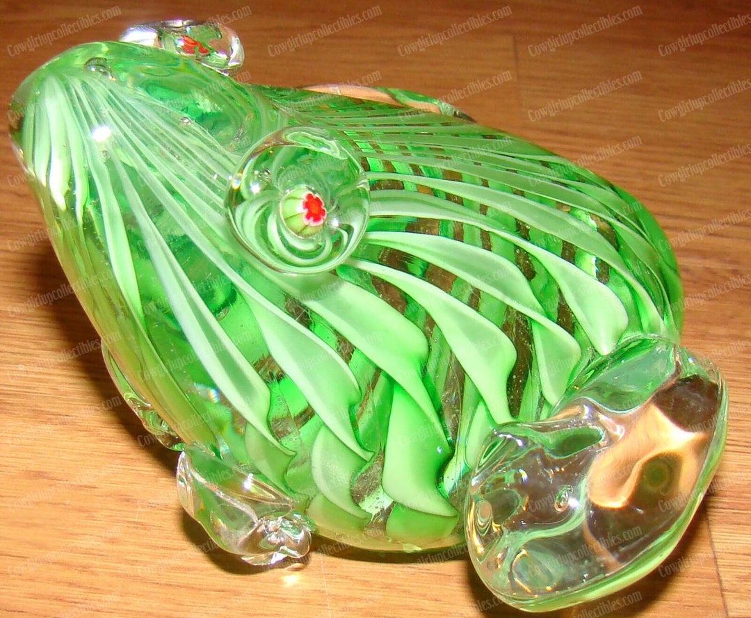 Art Glass FROG Paperweight Green Swirls, Millefiori Yellow & Red Flower ...