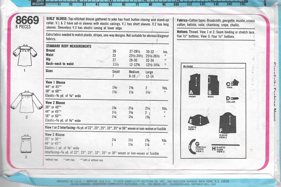 Vintage 1978 Simplicity 8669 Girls' Blouse With Stand up | Etsy