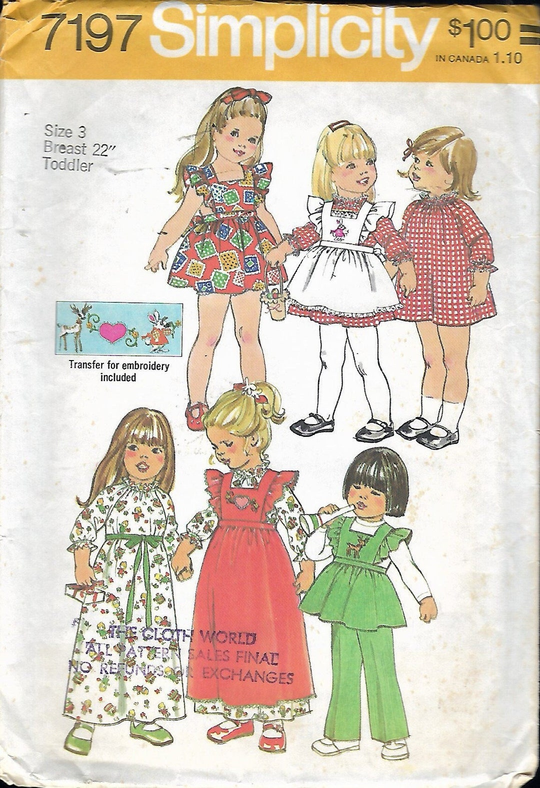 1975 Simplicity 7197 Toddlers Retro Dress and Pinafore Dress in Two ...