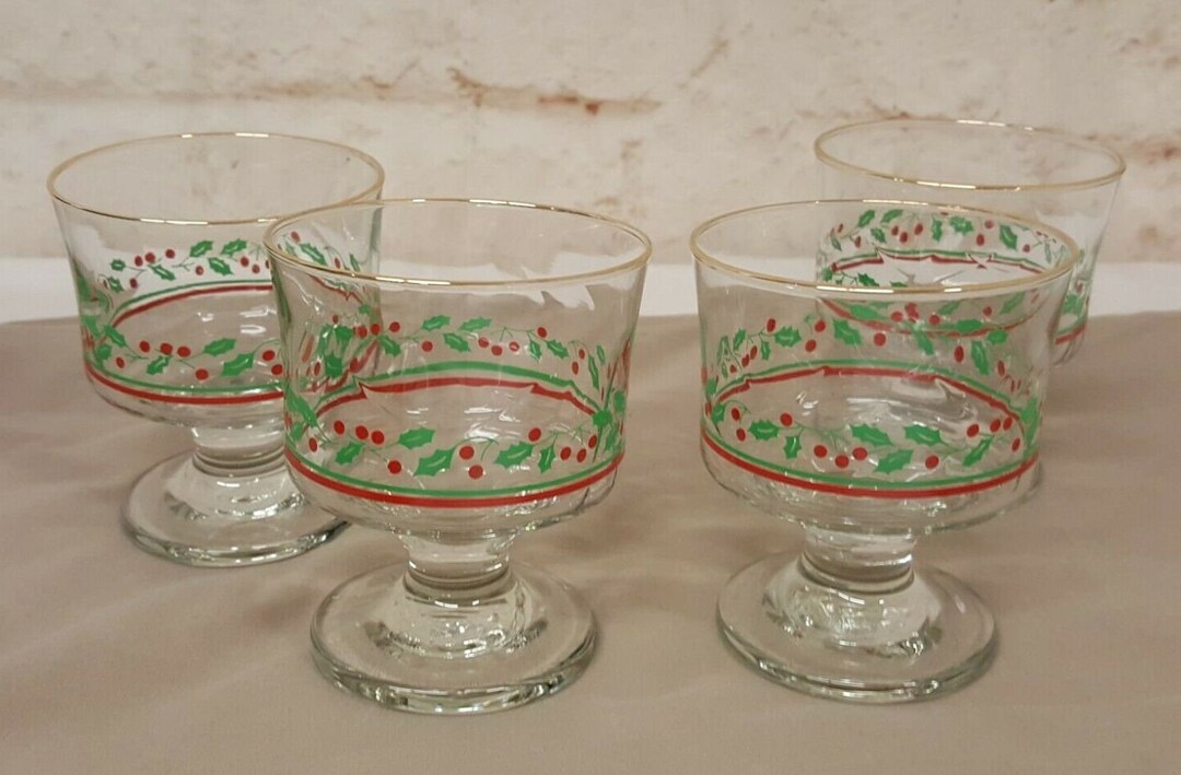 4 Vintage 1987 Arby's Libbey Optic Swirl Christmas Holly and Berry Gold ...