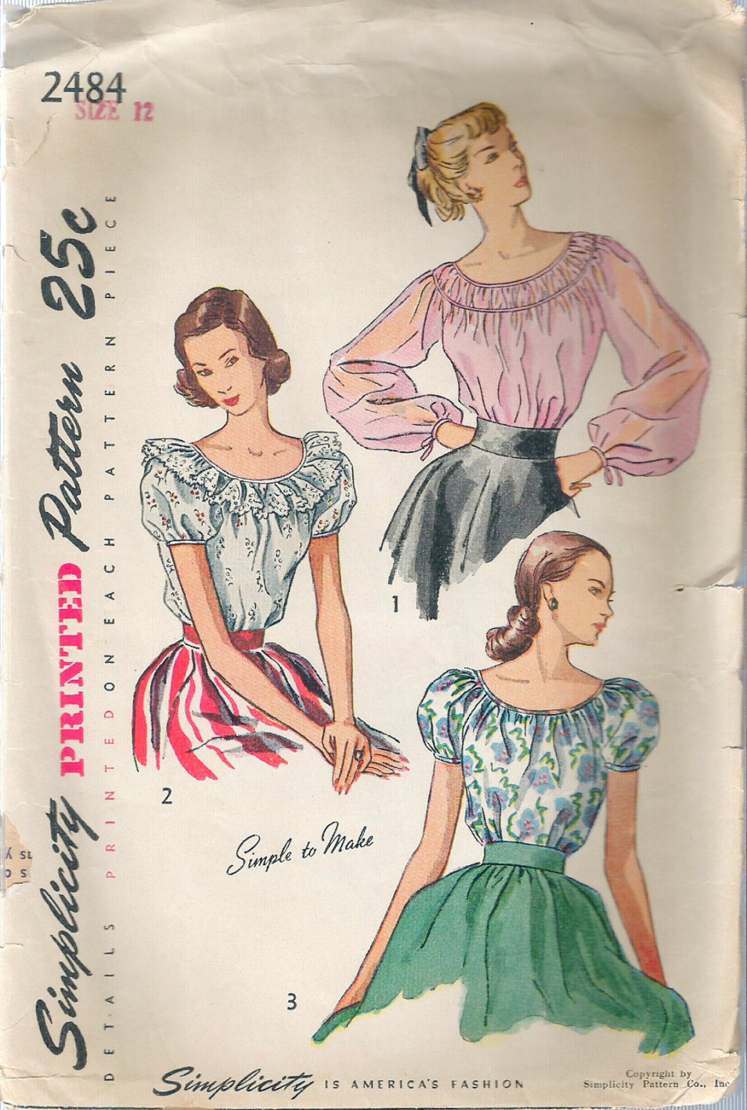 Vintage 1948 Simplicity 2484 Misses' Gypsy Style Blouse Sewing Pattern ...