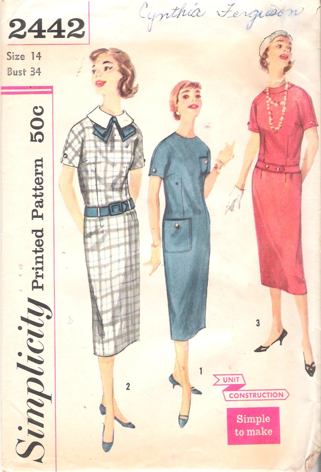 1958 Simplicity 2442 Teen Age Dress With Detachable Collar - Etsy