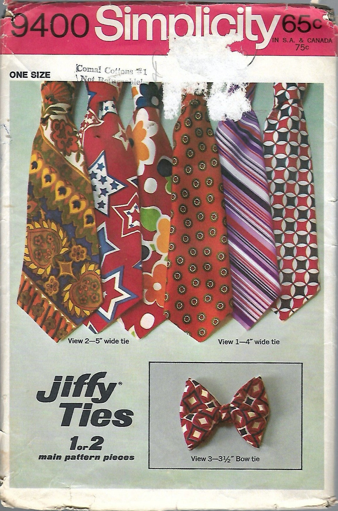 Vintage 1971 Simplicity 9400 Men's Retro Set of Jiffy Ties Sewing ...