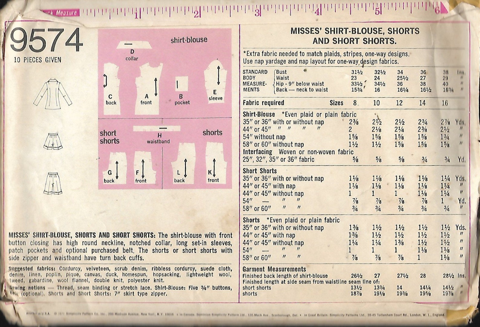 Vintage 1971 Simplicity 9574 Misses Retro Shirt-blouse Shorts - Etsy