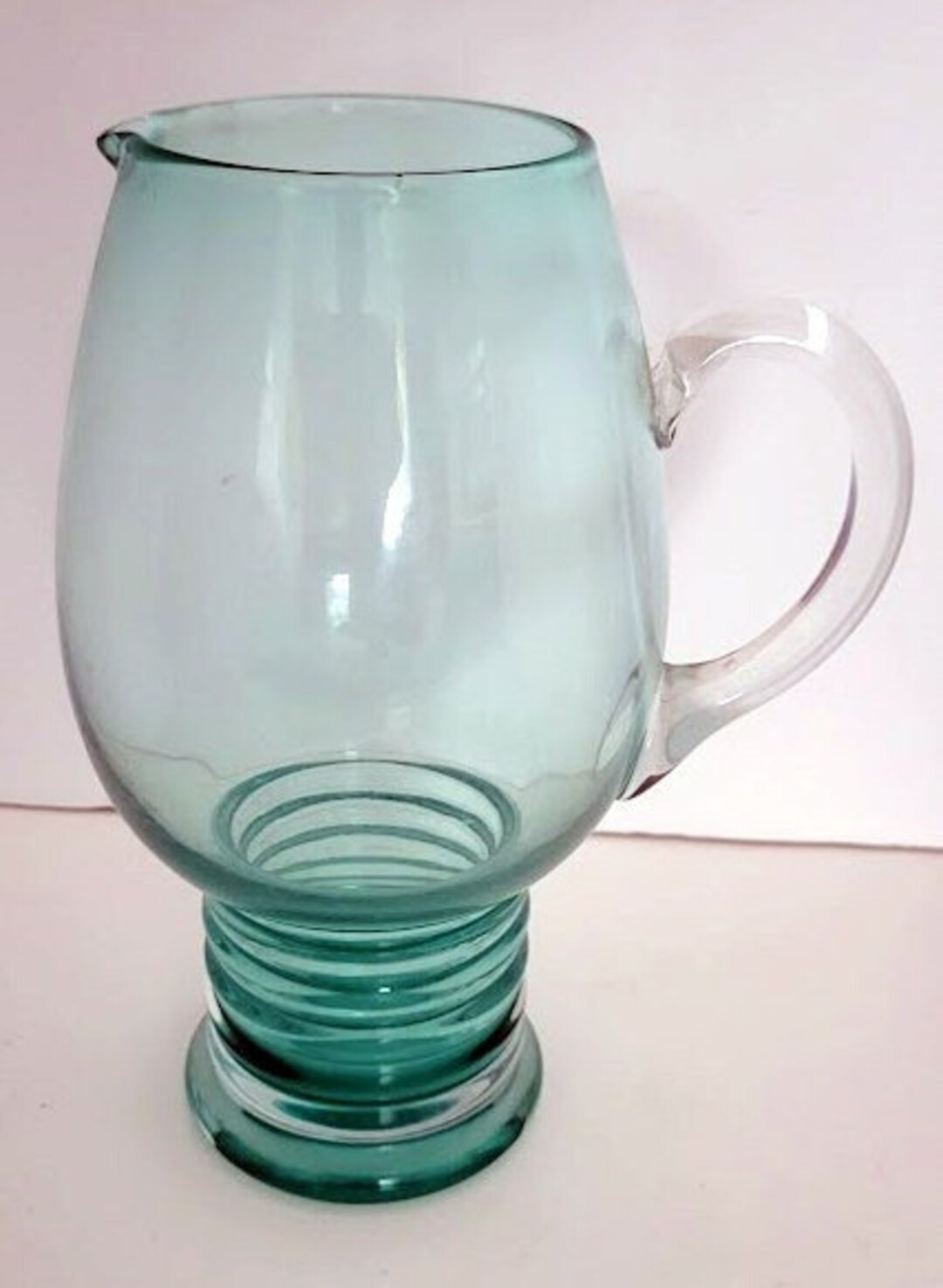 1980's Aqua Colored Glass Pitcher With Ribbed Pedestal - Etsy