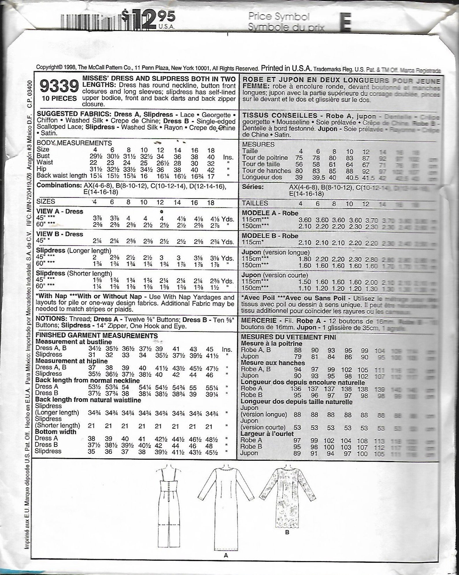 1998 Mccall's 9339 NY the Collection Misses Dress & Slipdress Both in ...