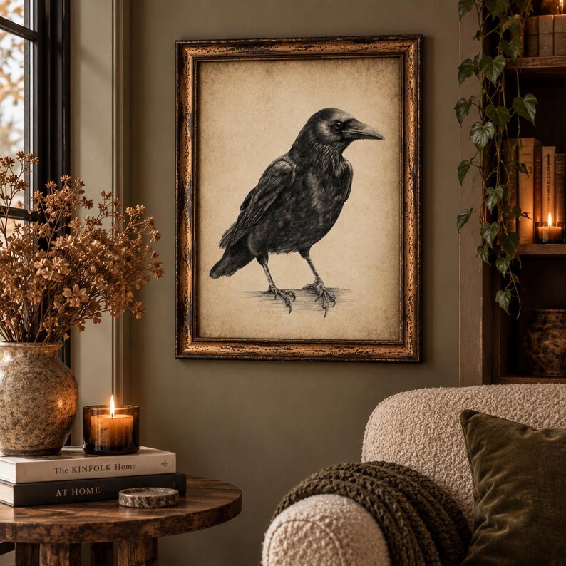 Vintage Raven Print, Gothic Bird Illustration, Dark Academia Wall Art ...