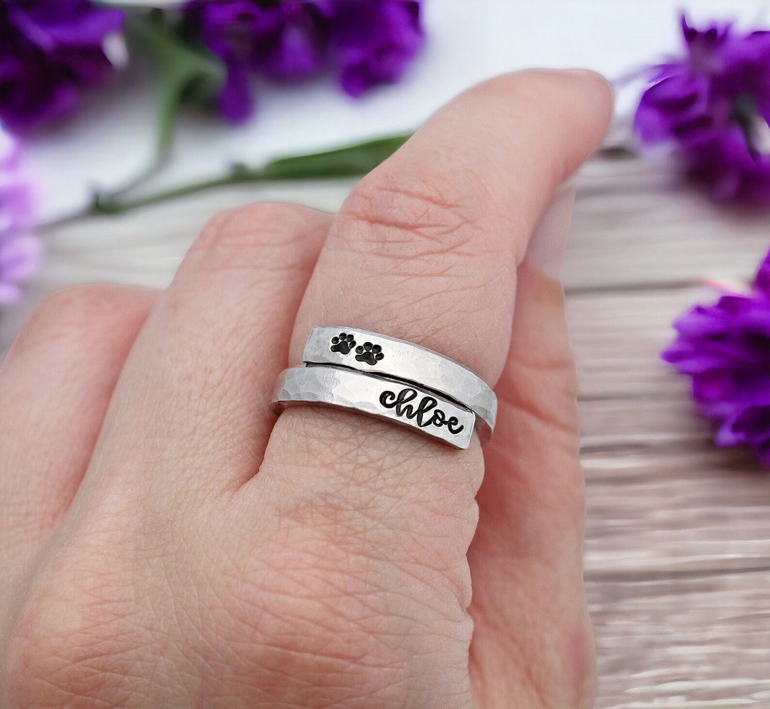Personalized Pet Name Ring Stacking Ring Paw Print Ring Skinny Ring 1 ...