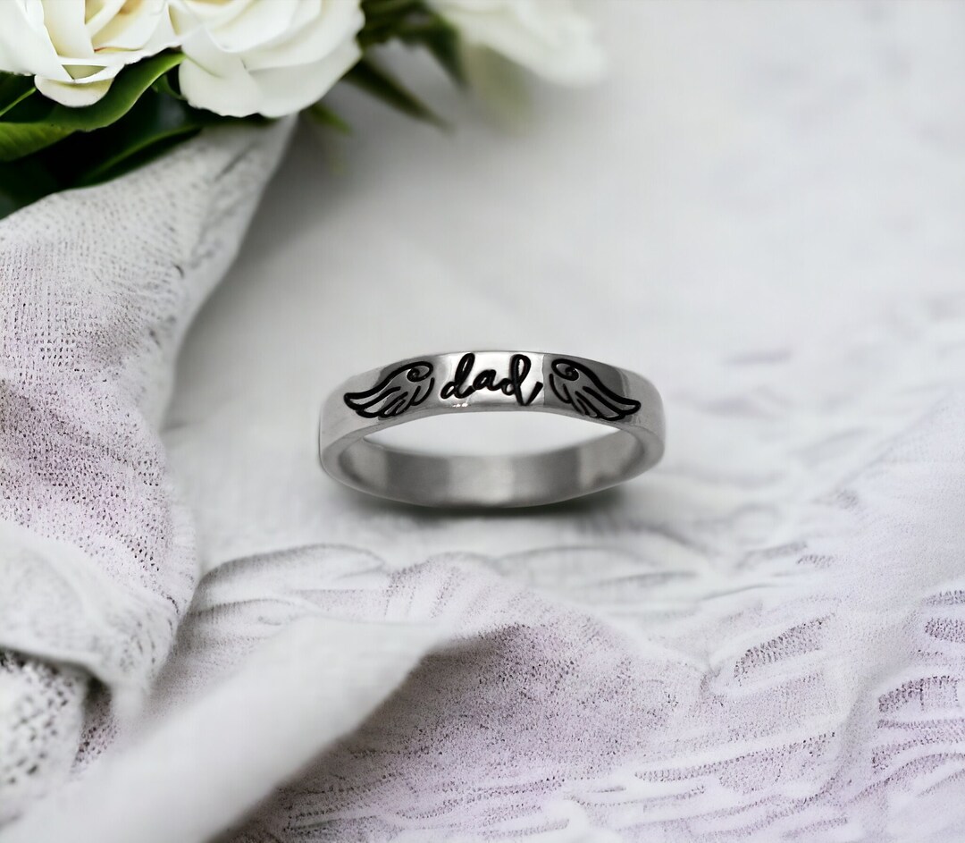 Bereavement Gift, Memorial Ring, Loss of Dad, Stacking Ring, Winged Name Ring, Angel Wing, Name ...