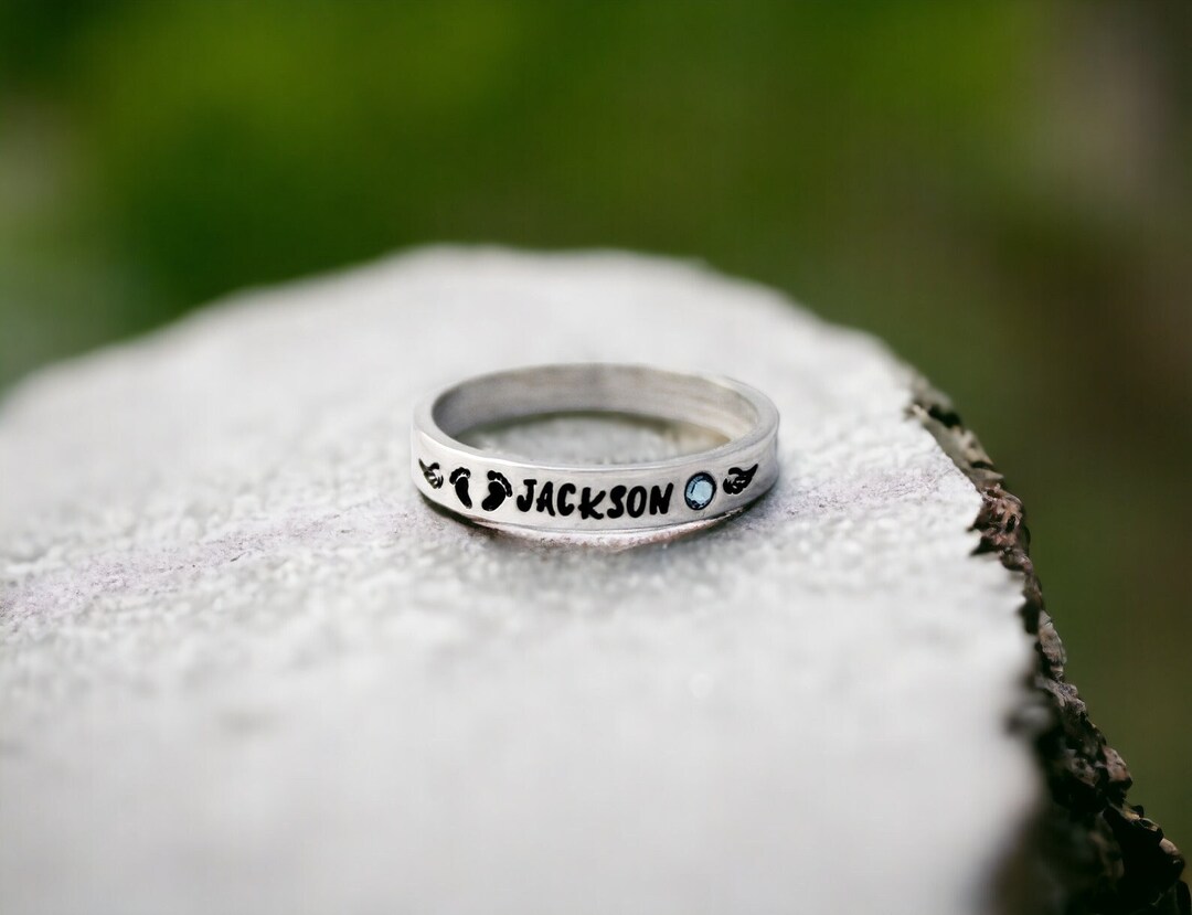 Personalized Memorial Ring Angel Wings Baby Feet Footprints Infant ...