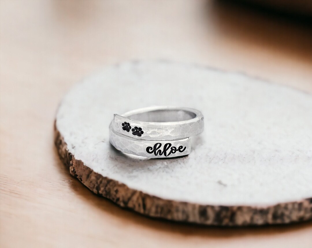 Personalized Pet Name Ring Stacking Ring Paw Print Ring Skinny Ring 1 ...