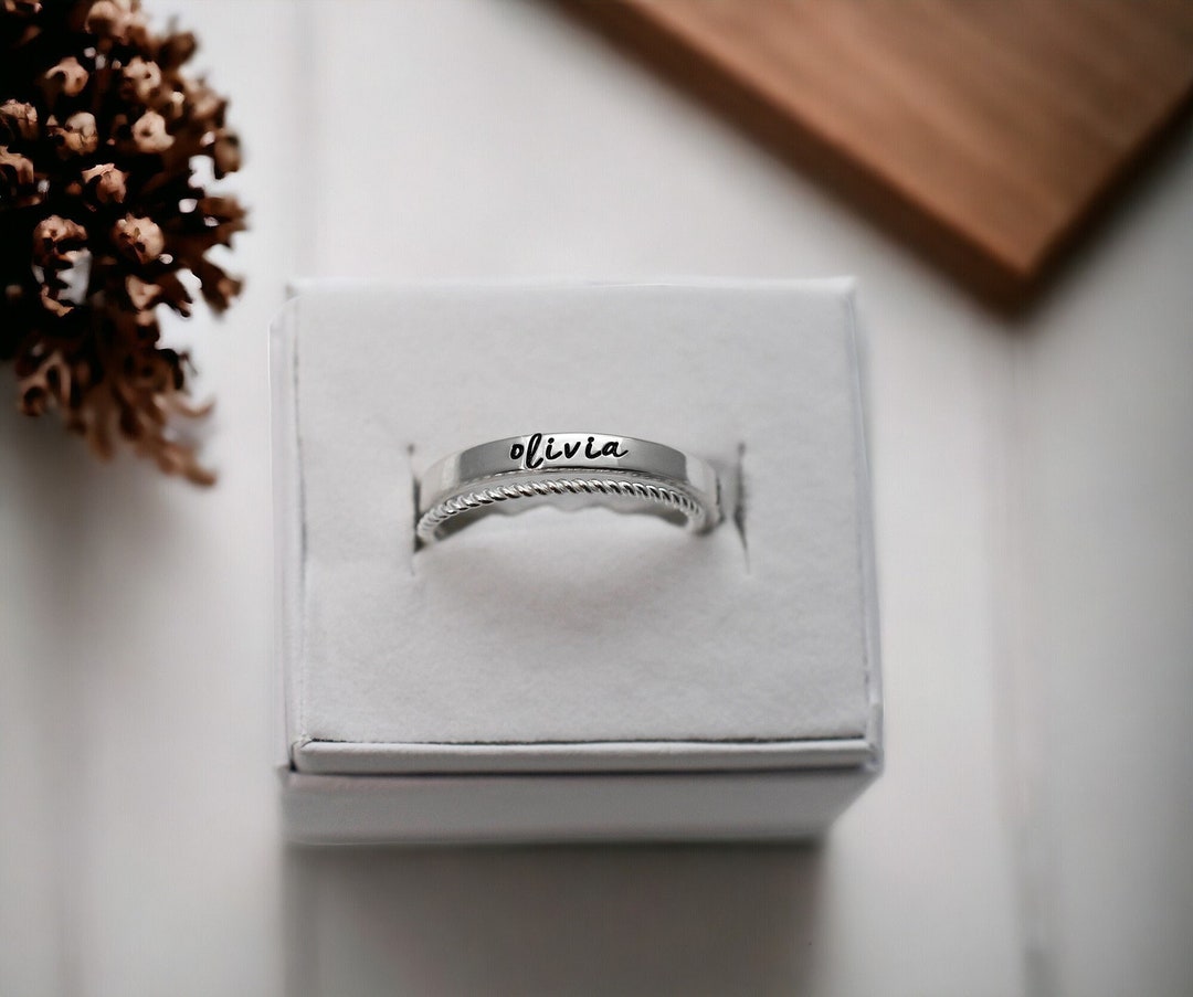 Set of Two Stacking Rings, Script Name Ring, Sterling Silver, Kid Name ...
