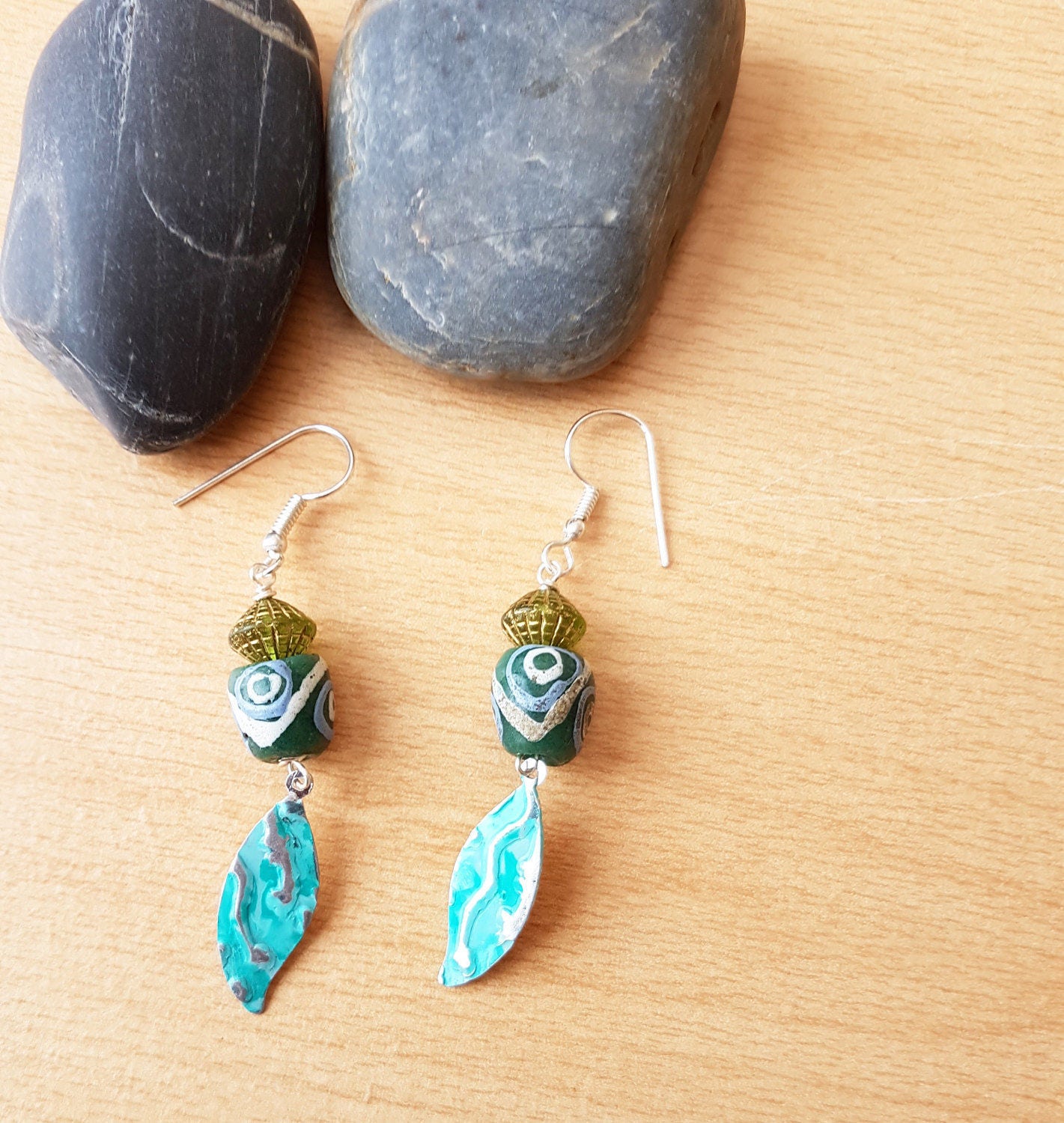Glass Bead Earring, Lamp Work Earrings, Wood Bead Earrings, Leaf ...