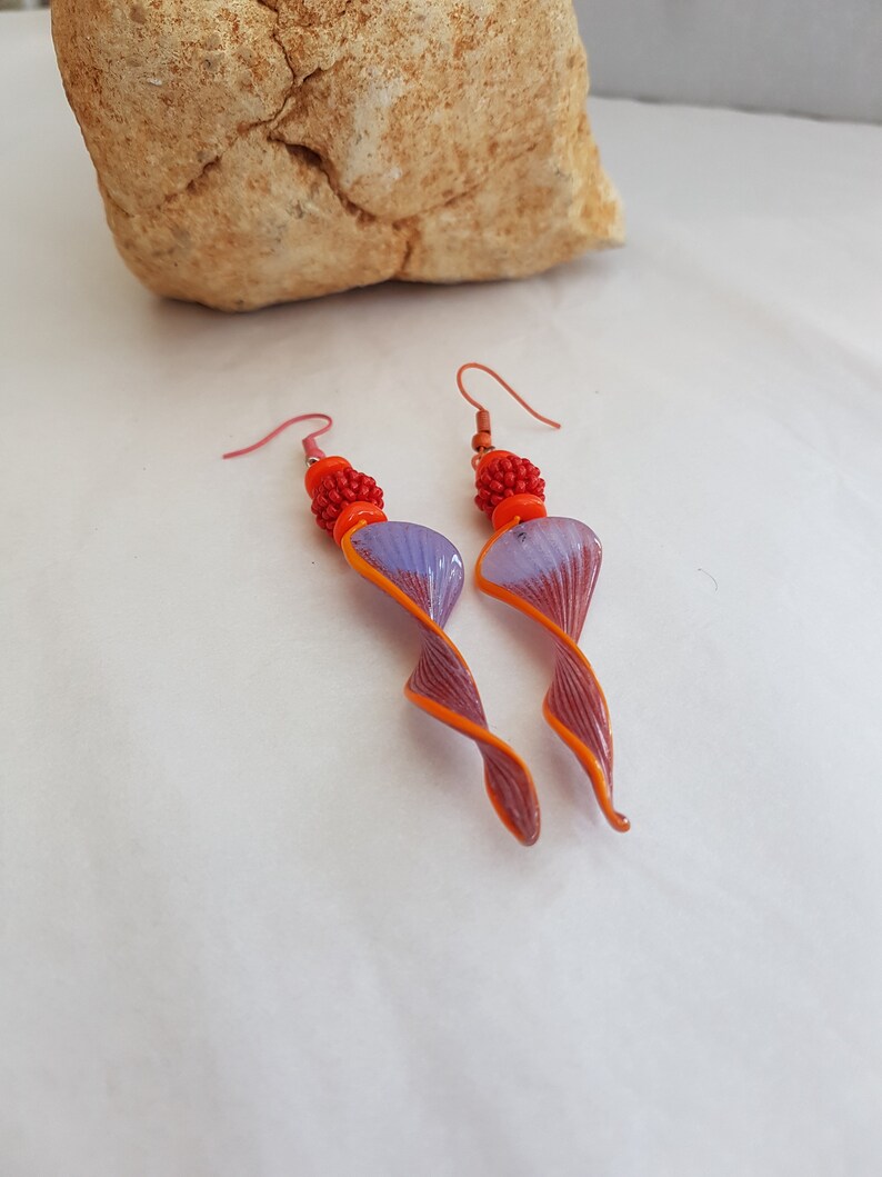 Dangle Lamp Work Earrings, Red/orange Earrings, Seedy Bead Earrings ...