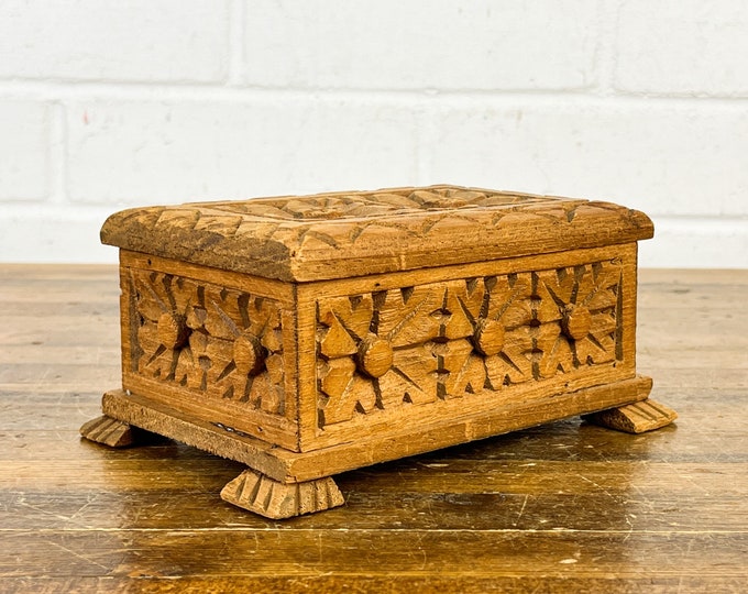 Vintage Handmade Carved Wood Box With Lid Small Brown Wooden Rectangle ...