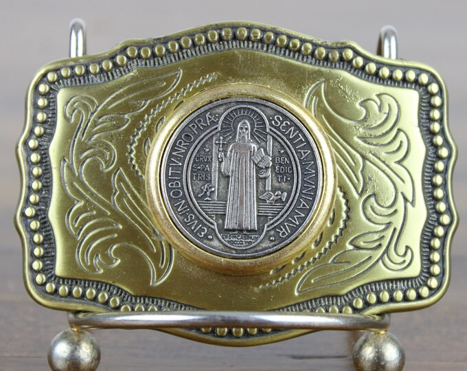 Vintage Saint Benedict Medal Belt Buckle Made in USA Religious Buckle ...