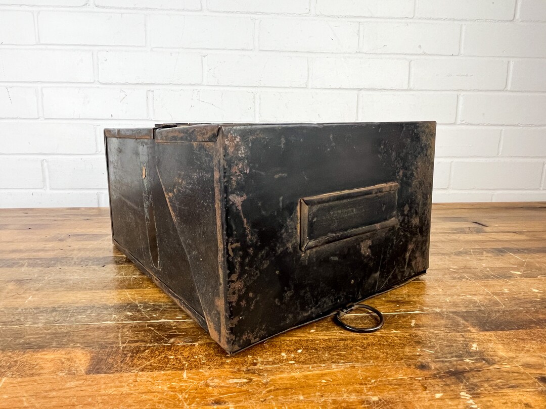 Vintage Black Distressed Metal Box Lid File Box Holds Paper Industrial ...