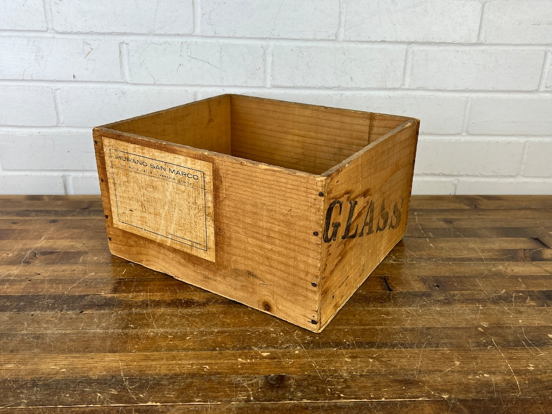 Vintage Murano Glass Wood Display Box With Glass Written on Sides Small ...