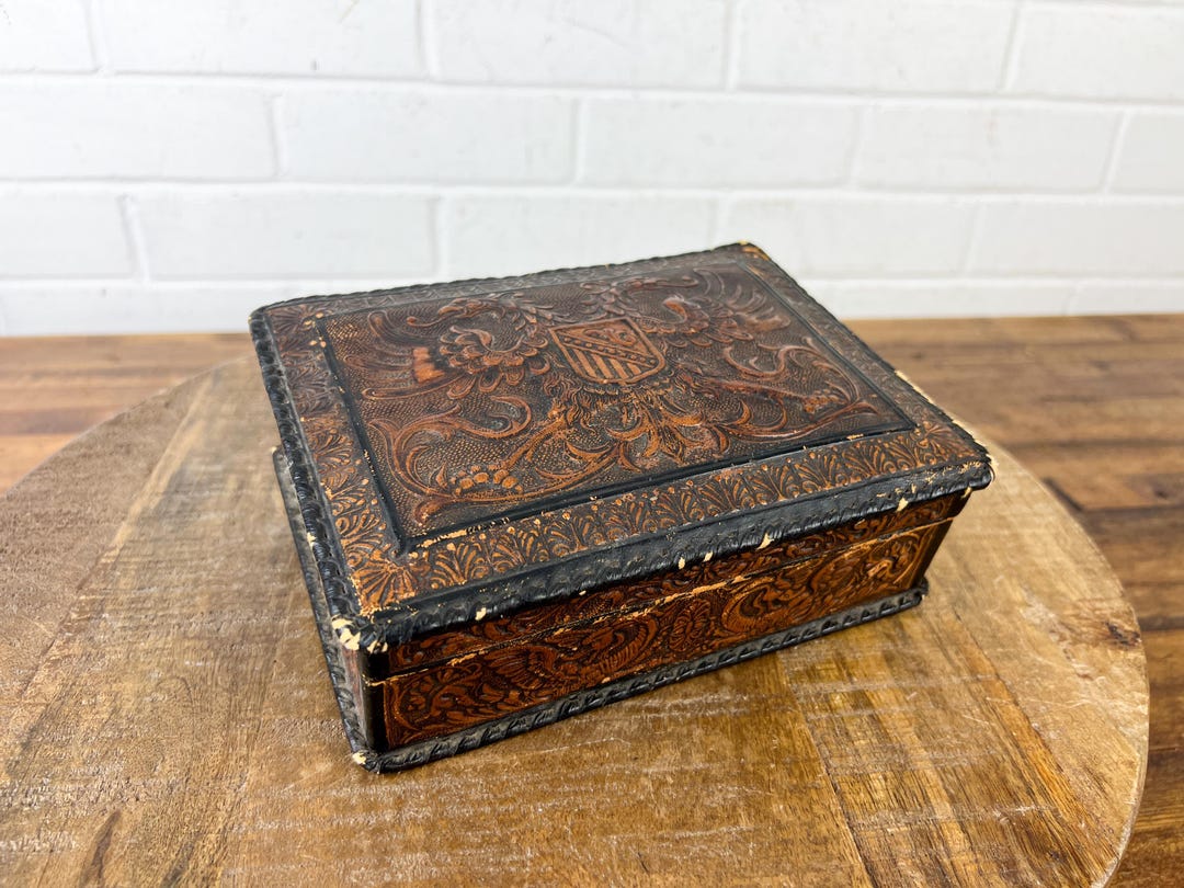 Vintage Faux Leather Covered Box With Lid and Coat of Arms Small Brown ...