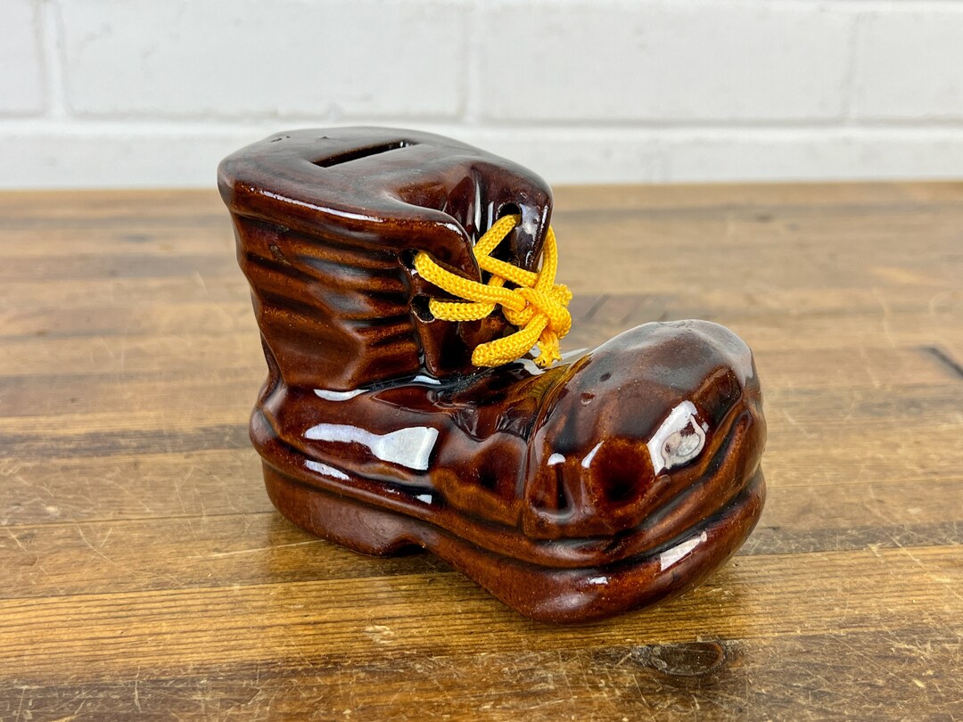 Vintage Terracotta Brown Shoe Piggy Bank Little Hiking Boot Coin Bank ...