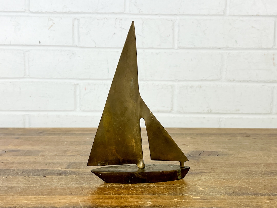 Vintage Brass Sailboat Figure Gold Metal Sailing Boat Captain Gift ...