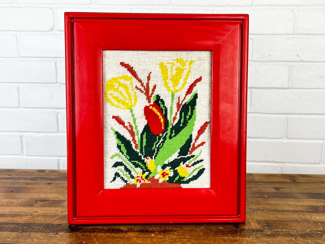 Finished Tulip Flower Needlepoint in Red Wood Frame Authentic Handmade ...