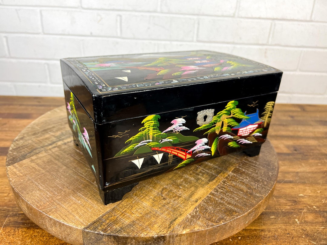 Vintage Japanese Jewelry Box With Music Box Hand Painted Landscape ...